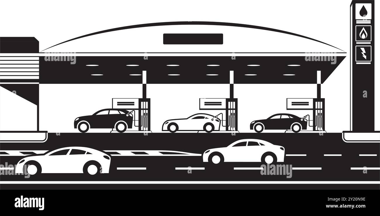 Petrol LPG and EV charging station with cars – vector illustration ...