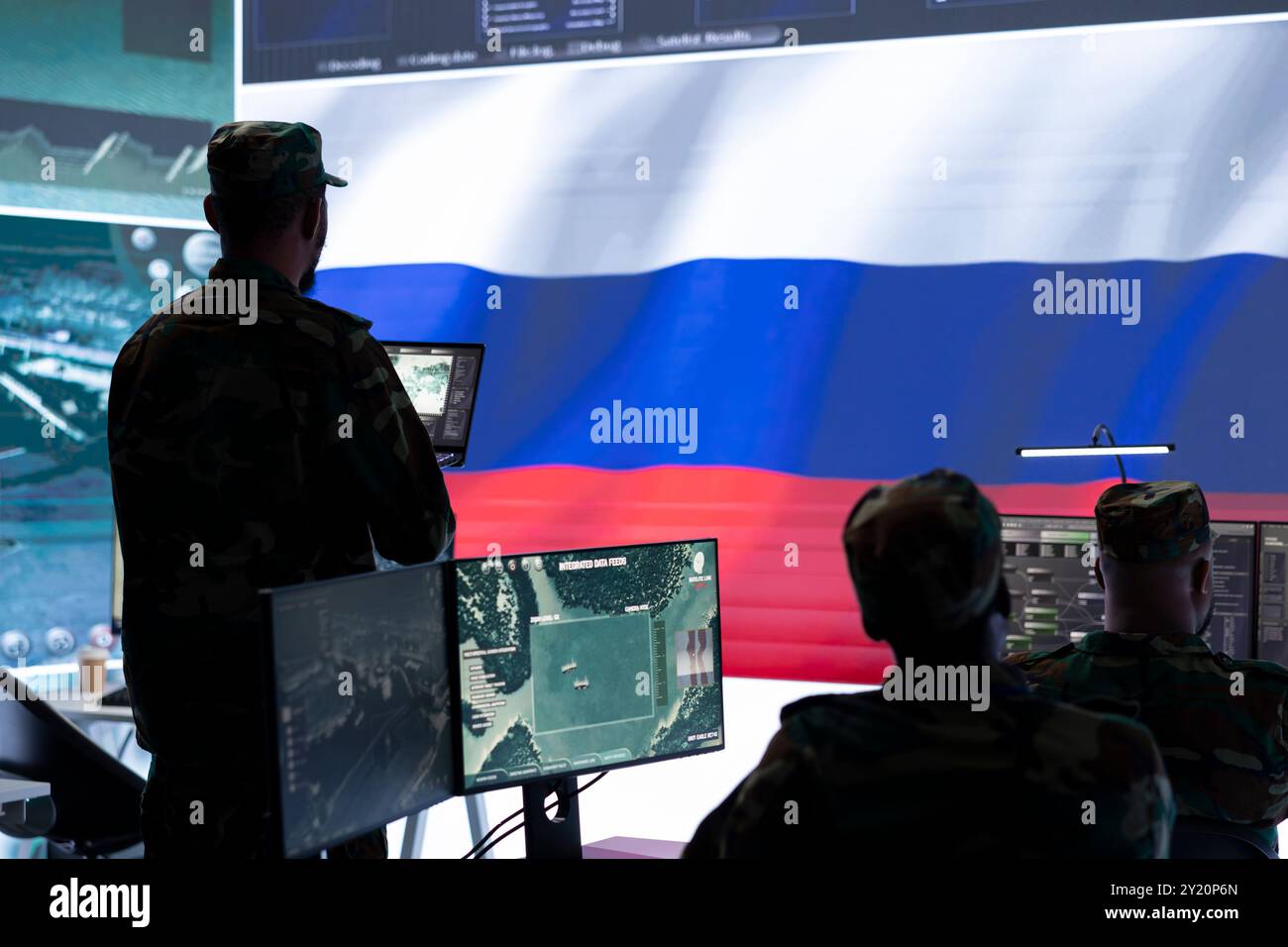 Russian military commander in high tech government control room ...