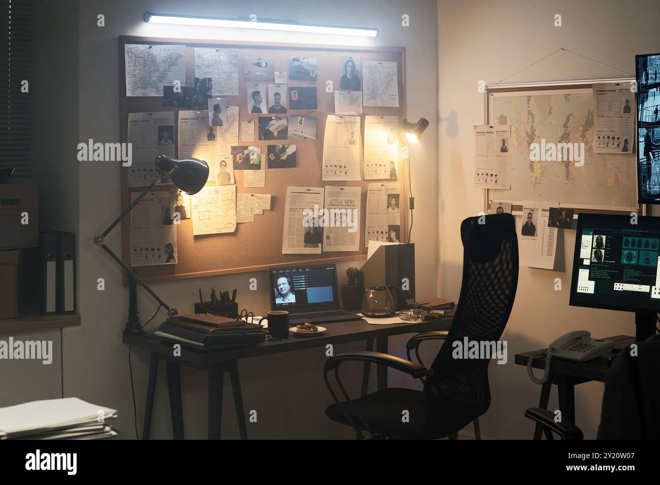 Dark room with illuminated bulletin board covered with information and ...