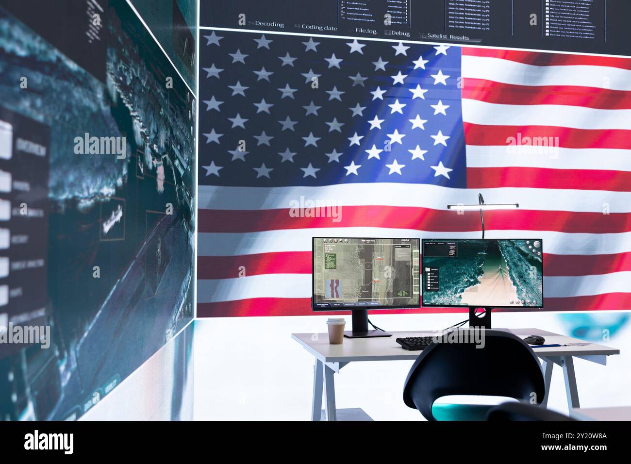 Empty army command center with big data presents the American flag, top ...