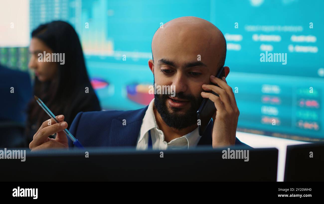Business analyst does a presentation with project updates on phone call ...