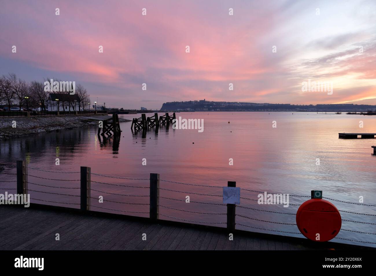 Cardiff Bay winter's afternoon sunset. Wales UK, large body of water ...