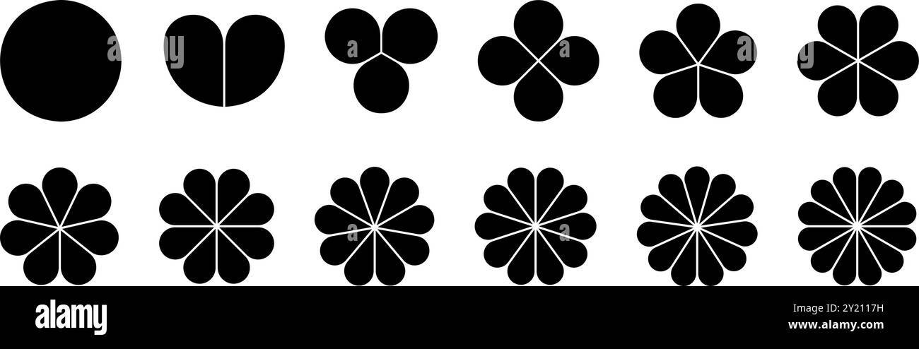 Flower diagrams with petals. Floral chart divided on equal parts from 1 ...