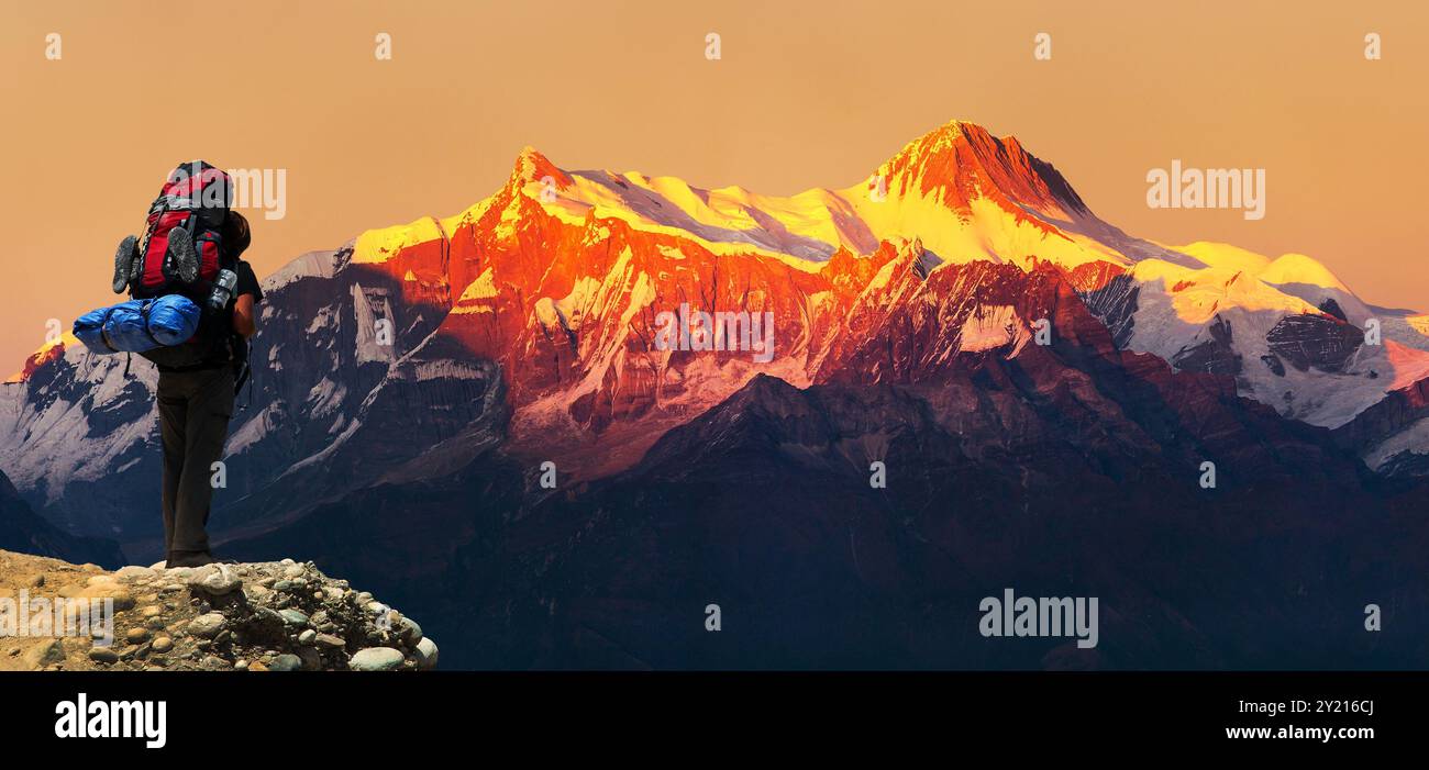 Evening, sunset view of Annapurna range with tourist, Nepal Himalaya ...