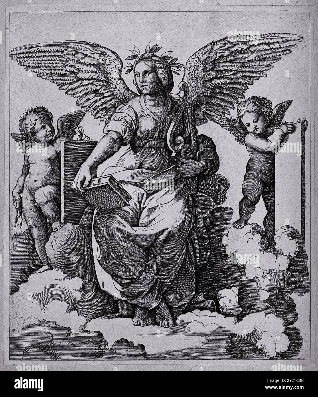 Winged woman symbolizing Poetry holds a lyre and book surrounded by ...
