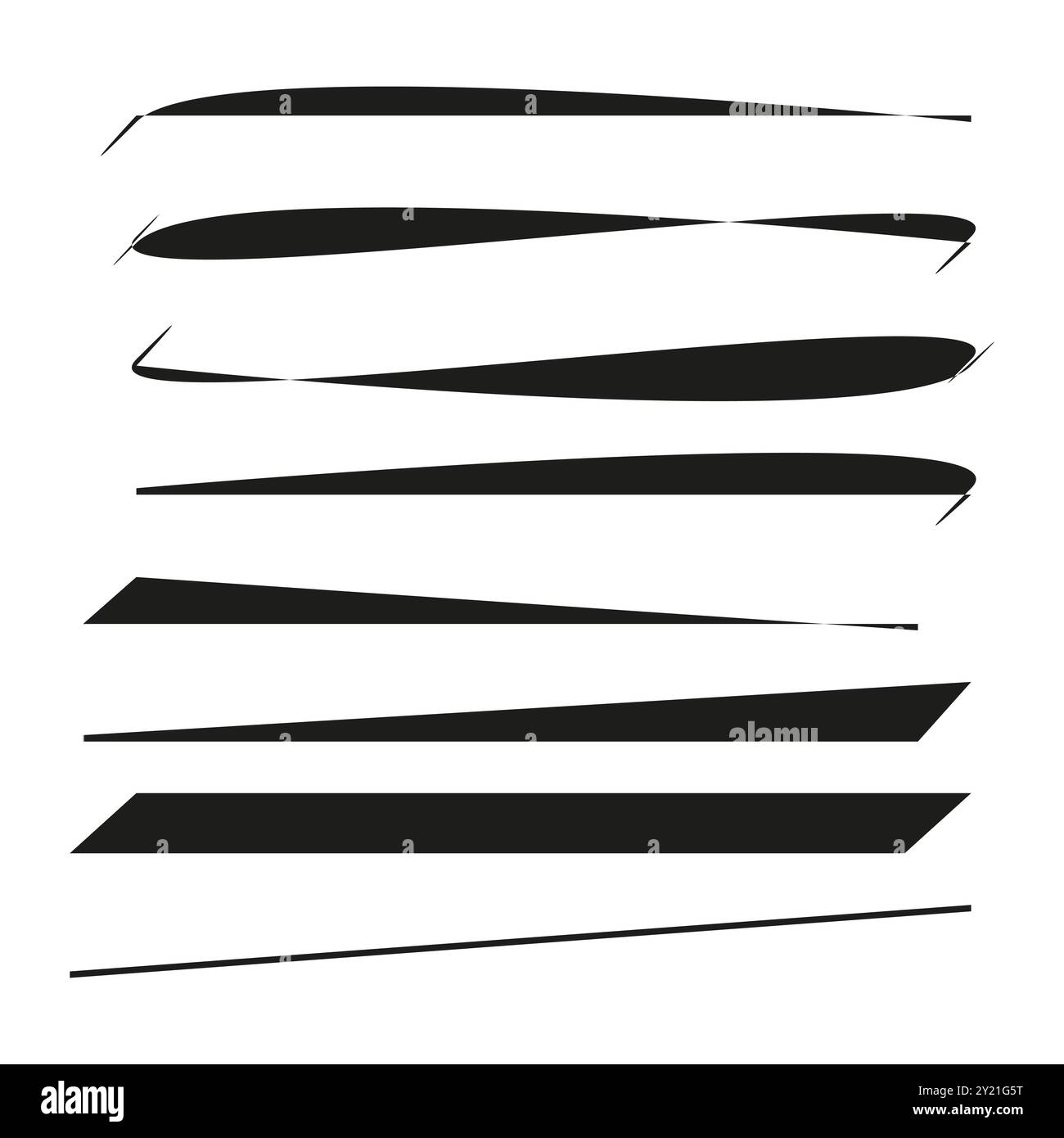 Set of abstract tapered line designs. Various dynamic, elongated shapes in black with smooth and ...