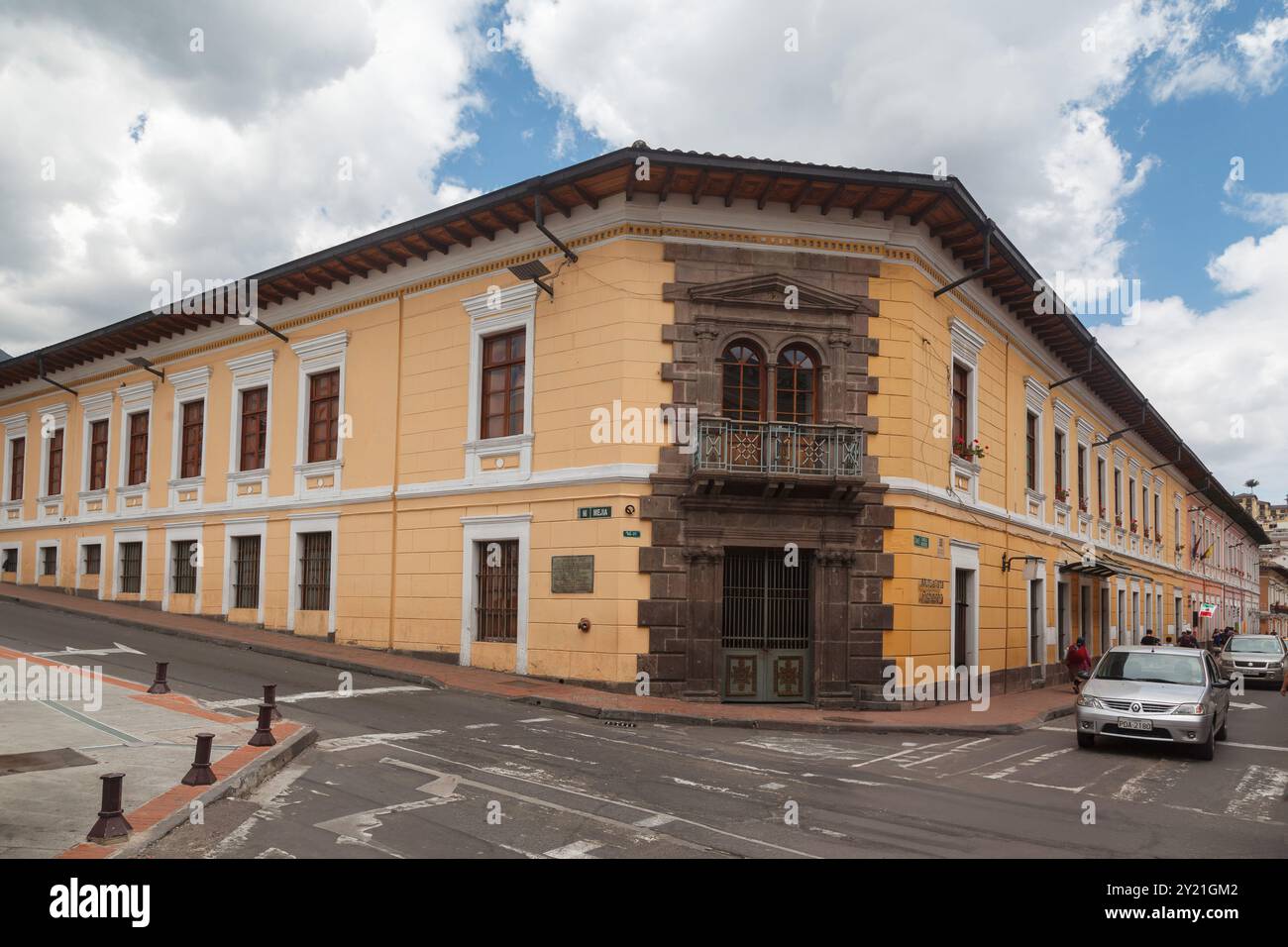 The facade of a typical historical building on a corner of downtown Quito, Ecuador Stock Photo ...