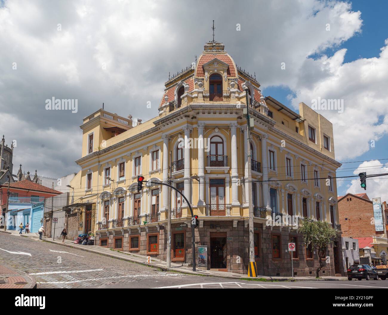 The facade of a typical historical building on a corner of downtown ...