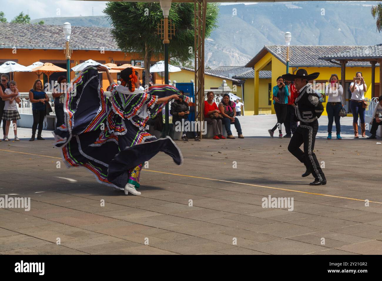 A typical couple doing an ecuatorian dance at Mitad del Mundo (middle ...