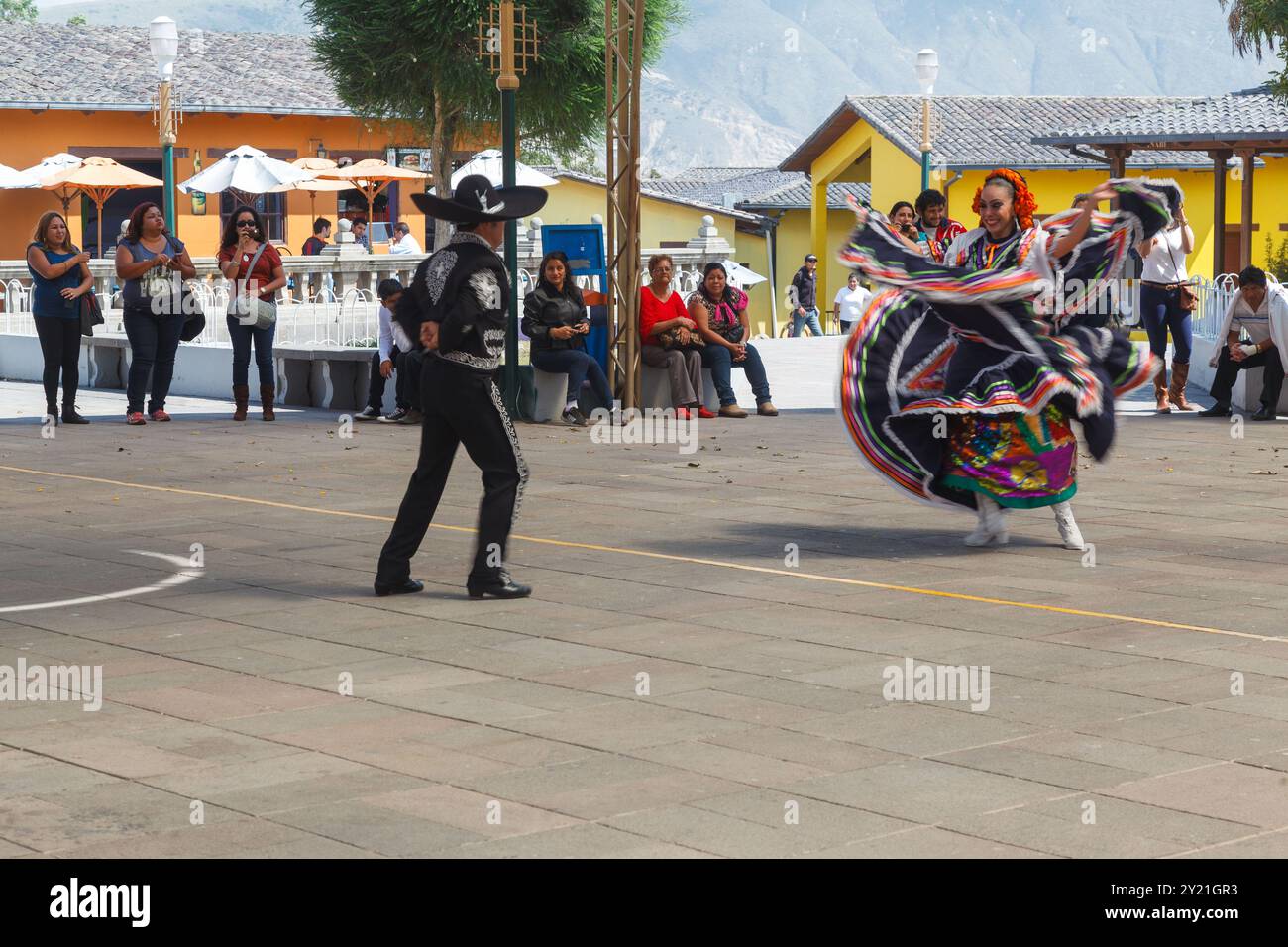 A typical couple doing an ecuatorian dance at Mitad del Mundo (middle ...
