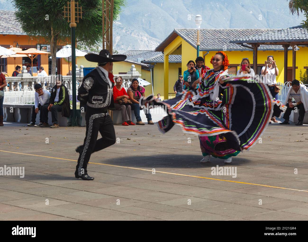 A typical couple doing an ecuatorian dance at Mitad del Mundo (middle ...