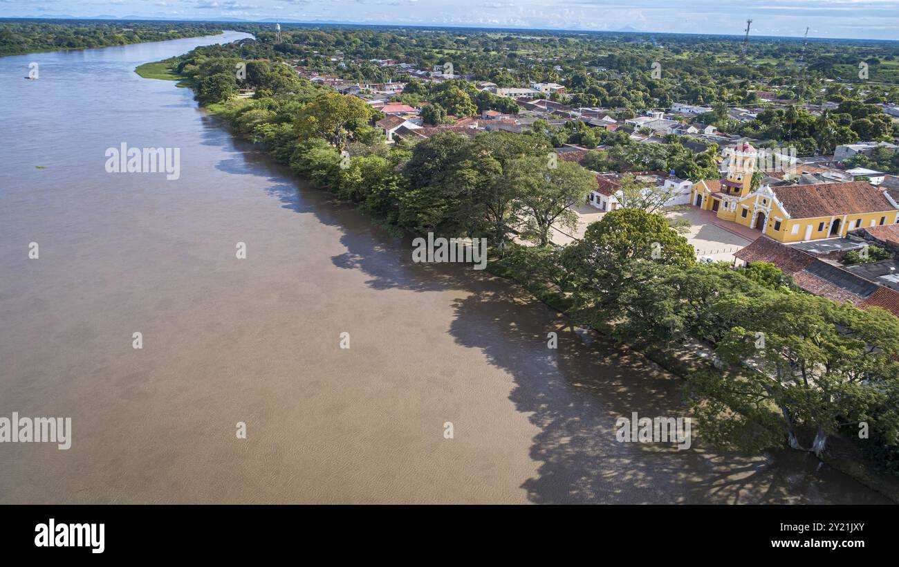 Aerial view of the historic town Santa Cruz de Mompox in sunlight with ...
