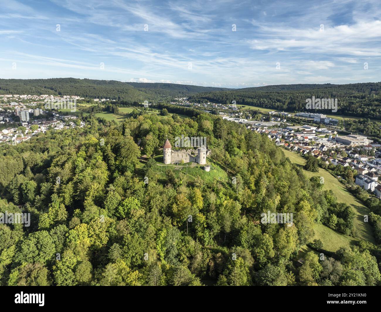 Aerial view of the Honburg castle ruins on the Honberg above the town ...
