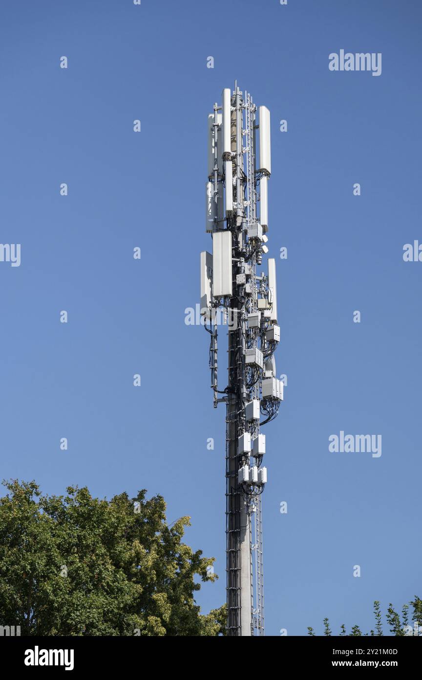 Radio mast at a motorway service station, blue sky, Baden Wuerttemberg ...