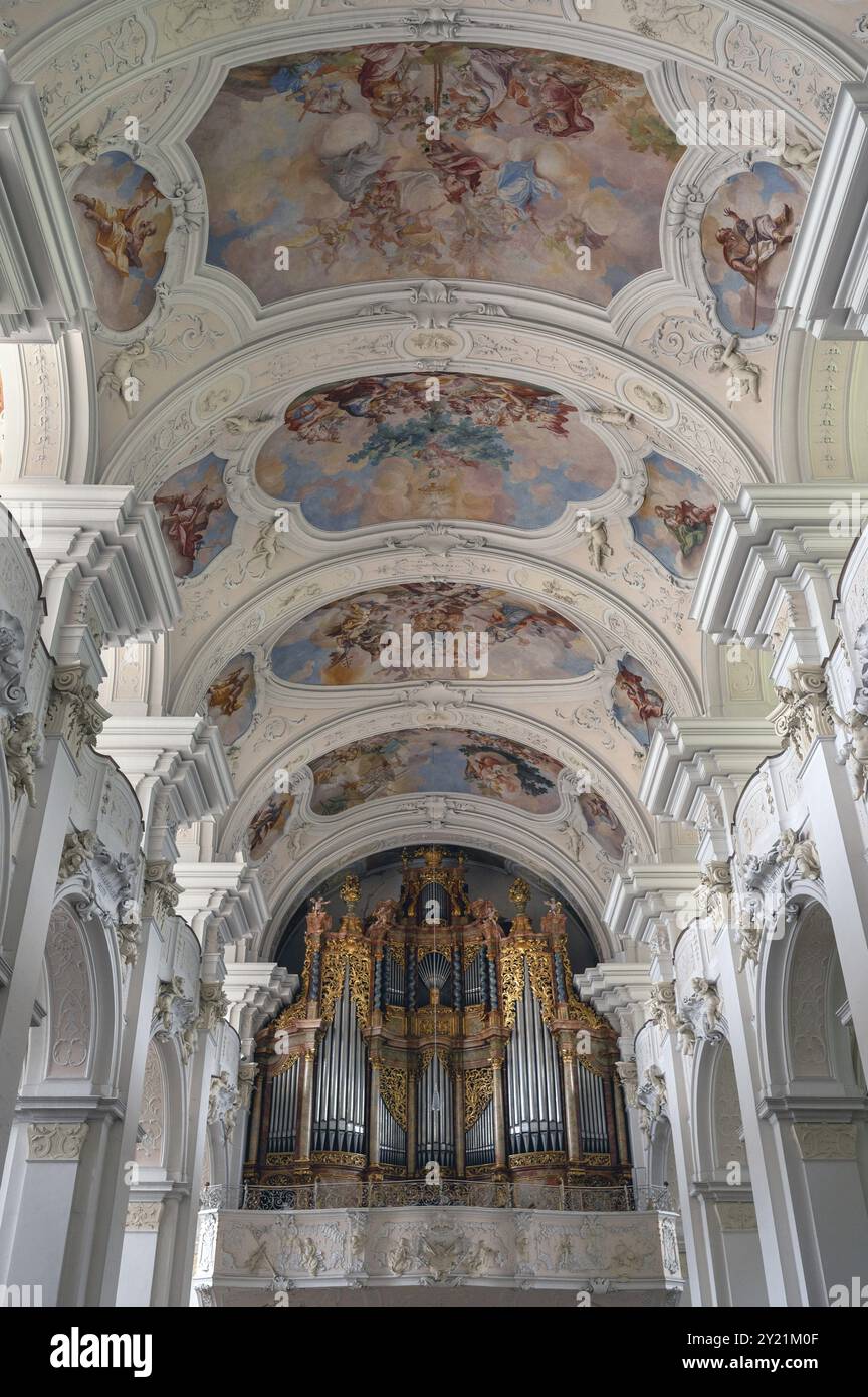 Baroque vault with organ loft of the Basilica of St Mauritius ...