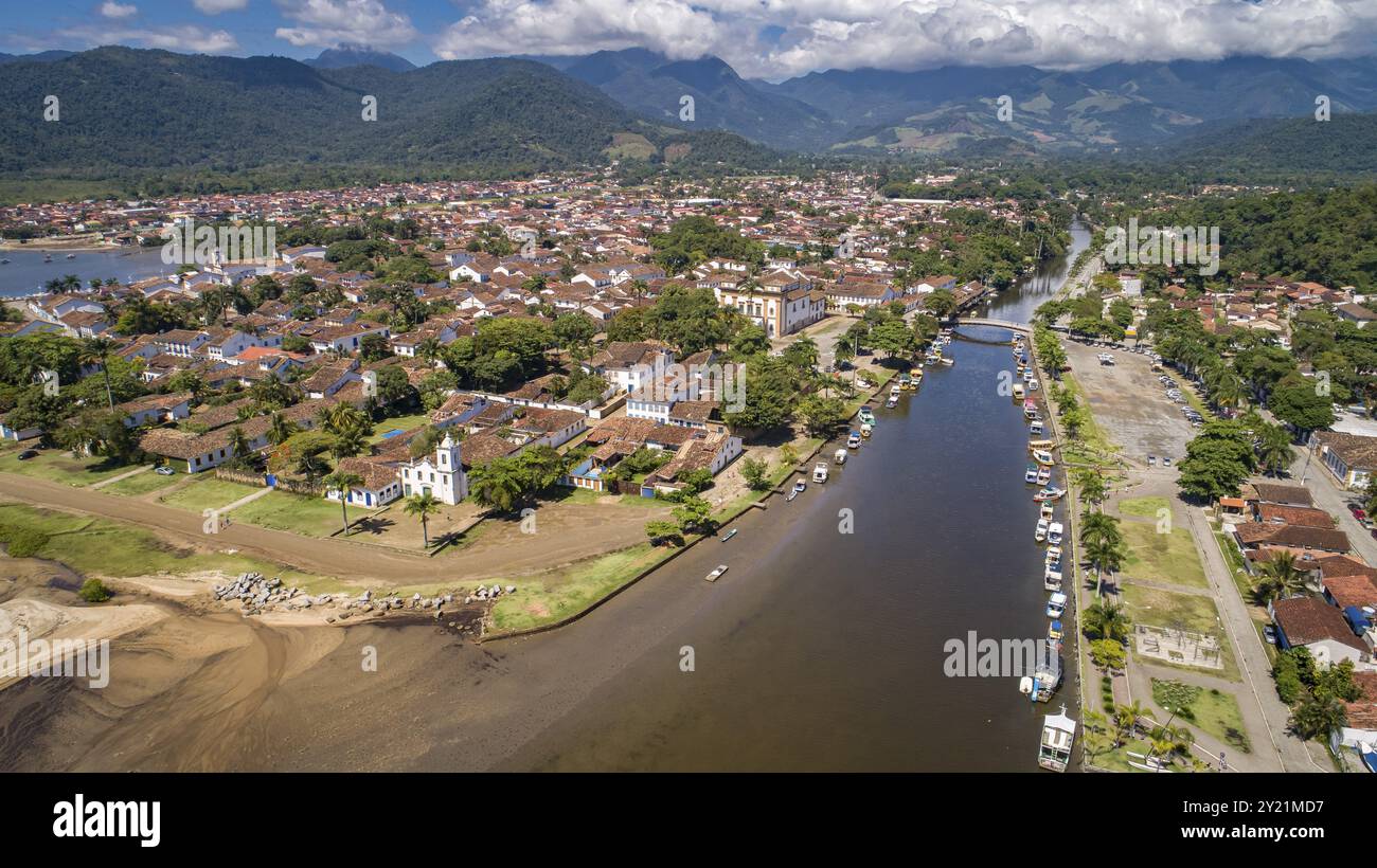 Aerial view to river Pereque-Acu in historic town Paraty with green ...