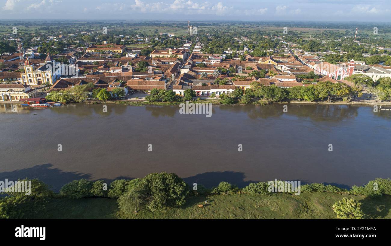 Aerial view of the historic town Santa Cruz de Mompox in sunlight from ...