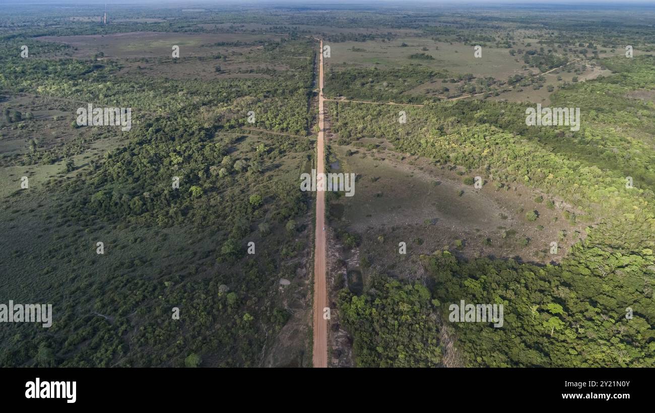 Aerial view of Transpantaneira dirt road crossing straight the North ...