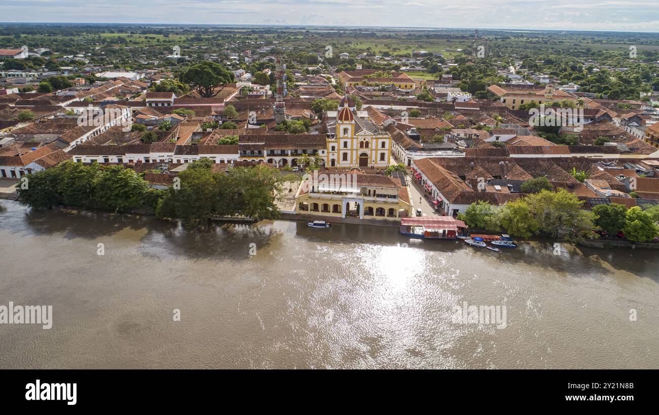 Aerial view of the historic town Santa Cruz de Mompox in sunlight with ...