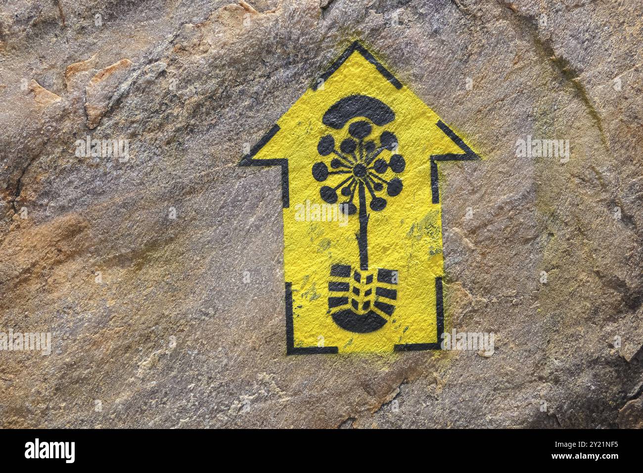 Yellow hiking trail marker with footprint on rocky ground, Biribiri ...