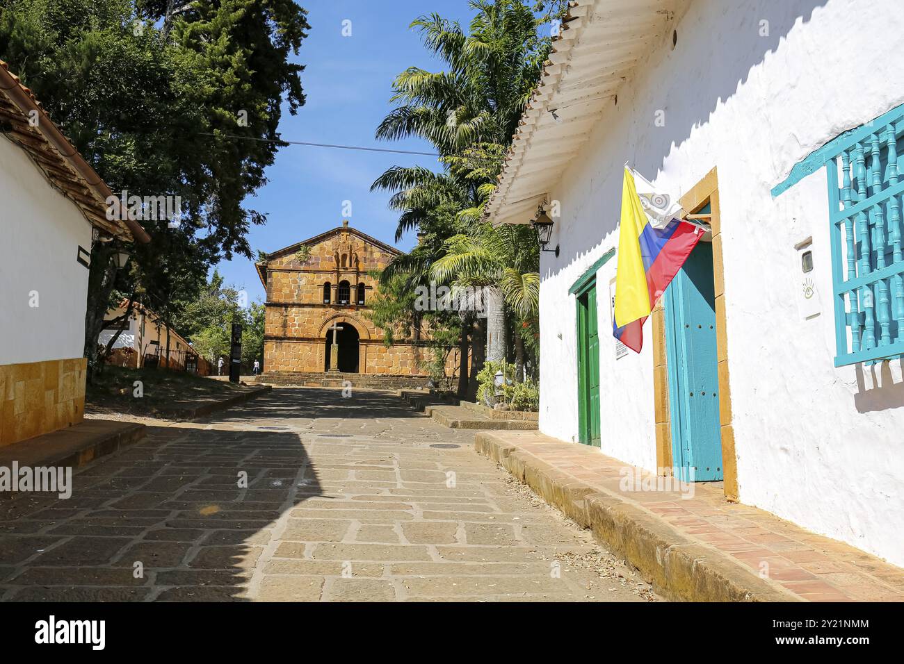 View to ancient Santa Barbara Chapel through a street with traditional ...