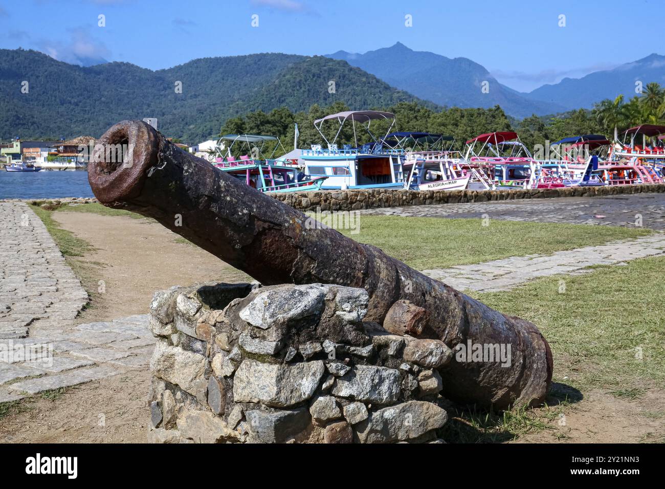 Close-up of an old rusty cannon in front of an open space with grass ...