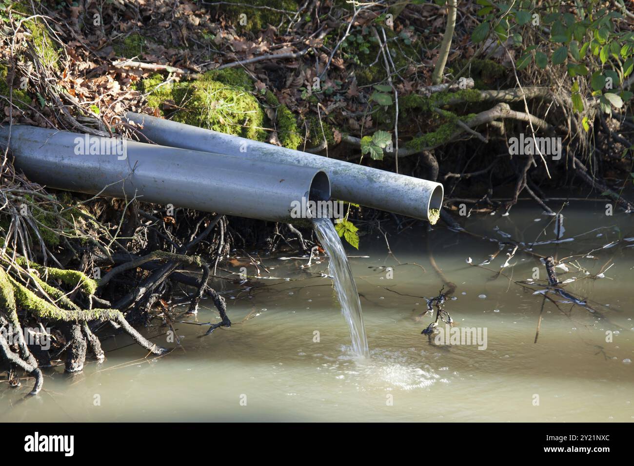 Water Outflow pipe with water pouring into woodland stream Stock Photo ...