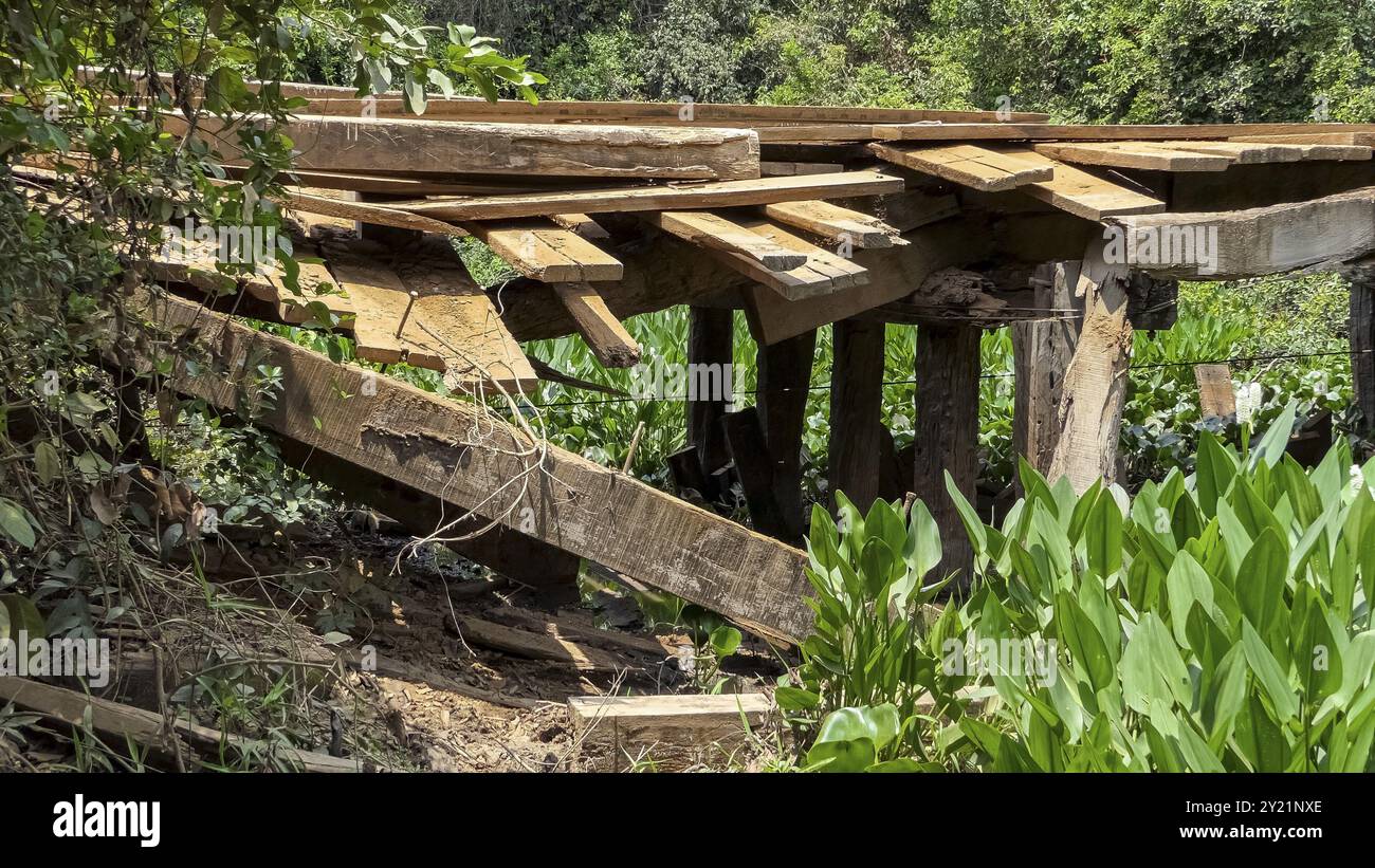 Transpantaneira, typical run-down wooden bridge crossing a river in the ...