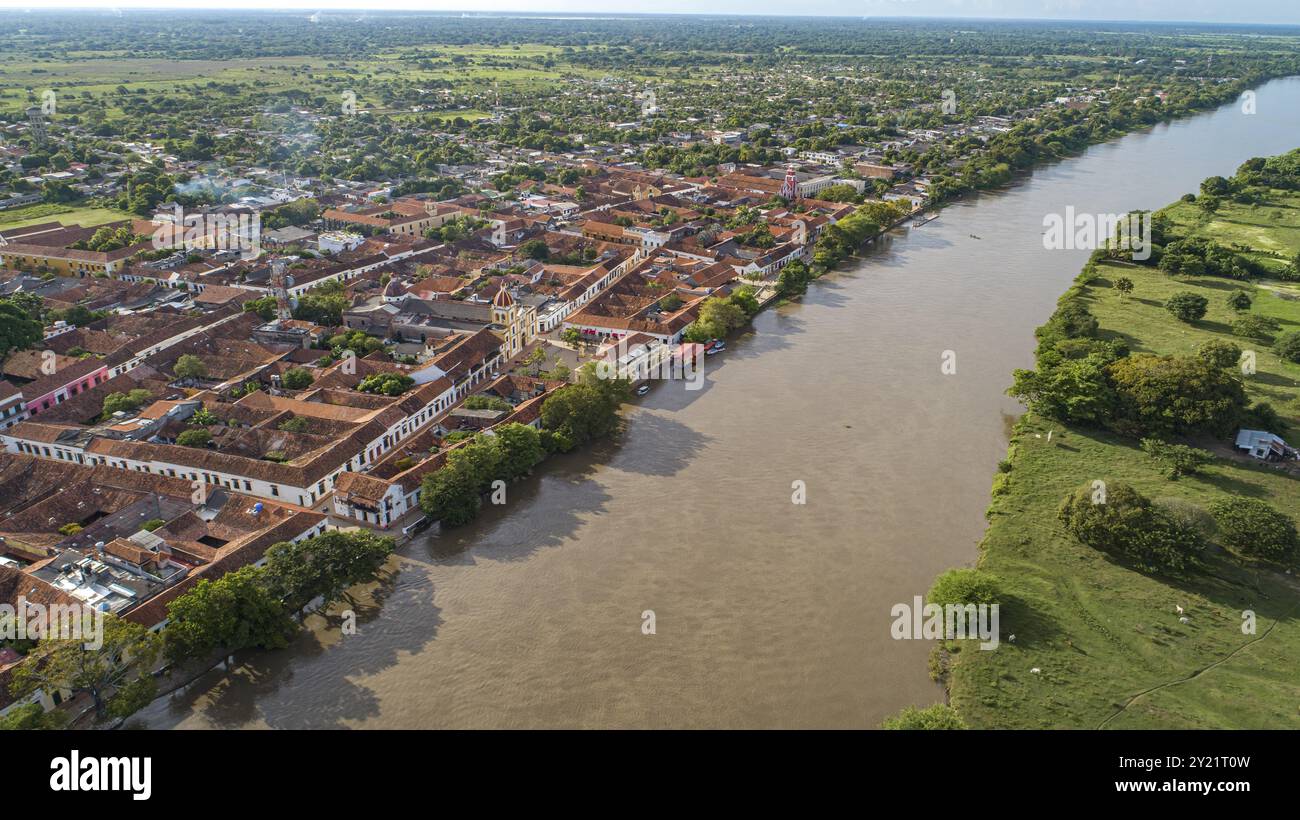 Aerial view of the historic town Santa Cruz de Mompox in sunlight with ...