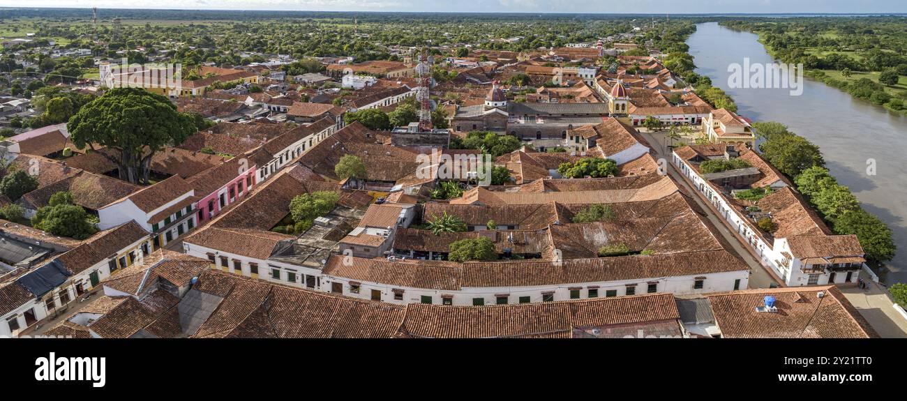 Panoramic aerial view of the historic town Santa Cruz de Mompox and river in sunlight, Colombia ...