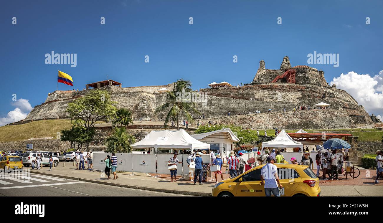 Panorama of Castle San Felipe de Barajas with stalls and visitors in ...