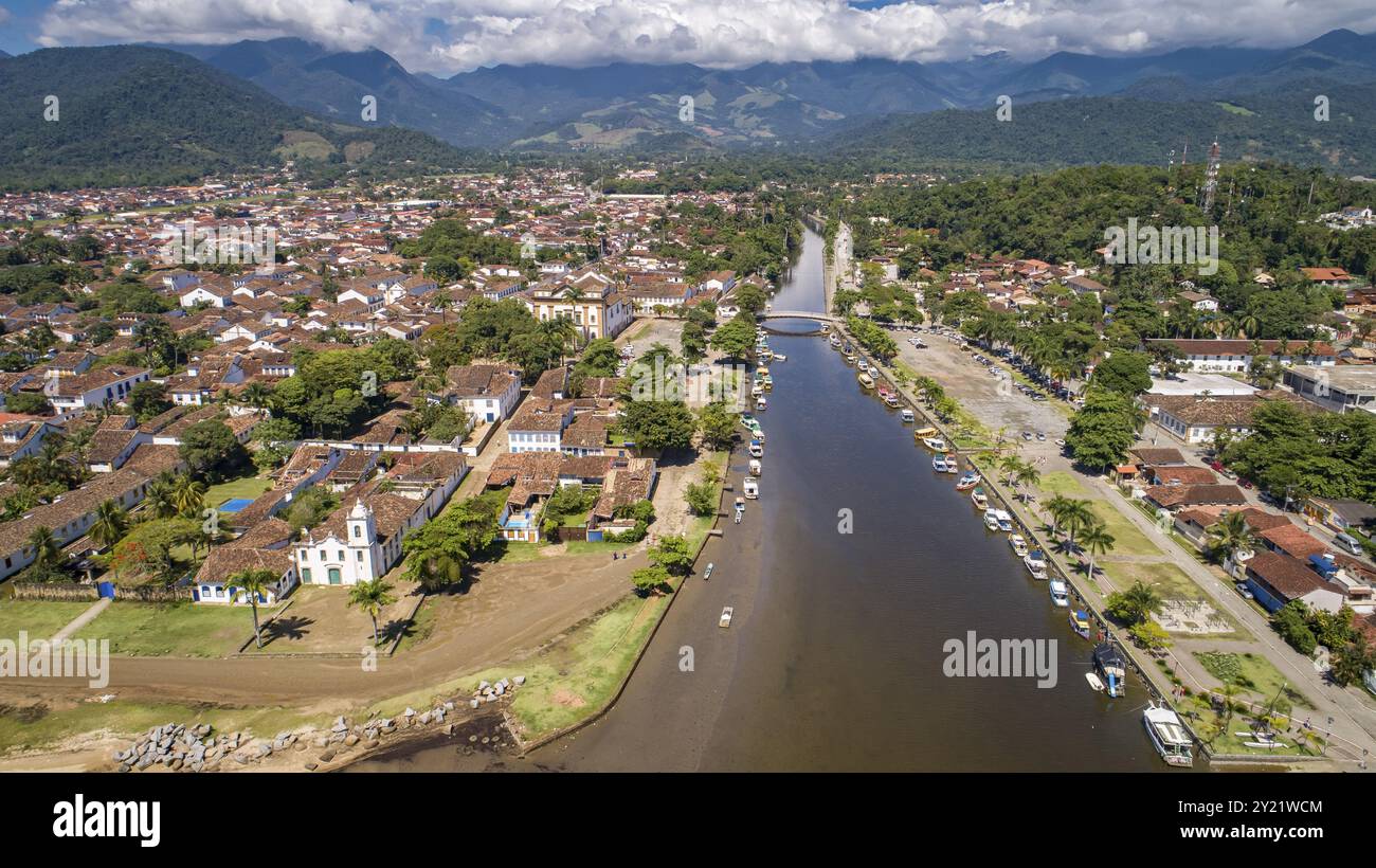 Aerial view to river Pereque-Acu in historic town Paraty with green ...