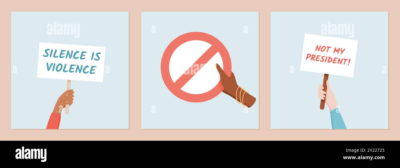 Activist hands hold protest signs with messages Stock Vector Image ...