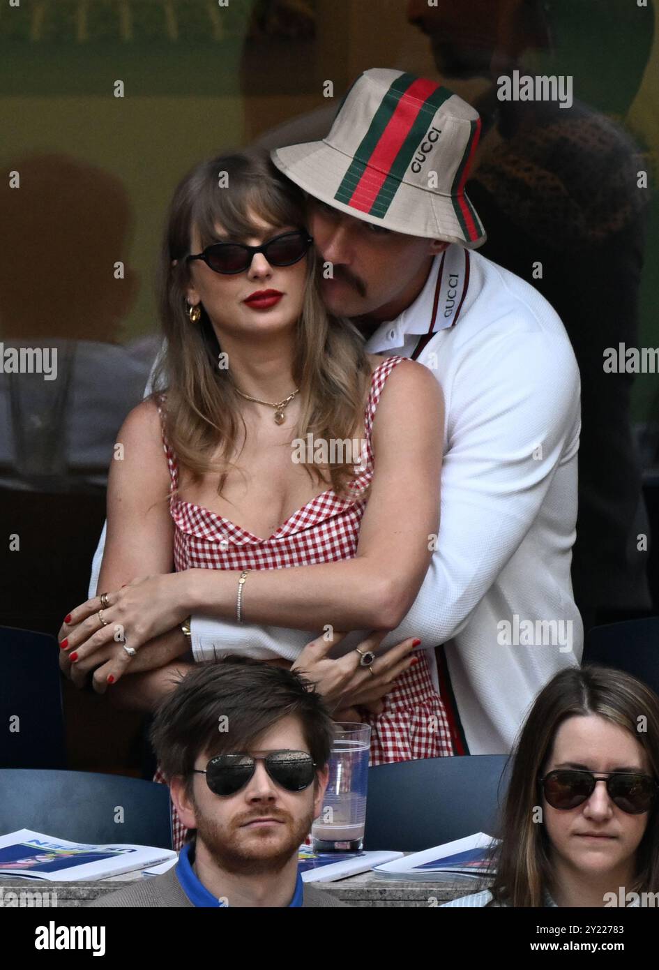 Flushing NY, USA. 08th Sep, 2024. Taylor Swift and Travis Kelce are seen watching Jannik Sinner ...