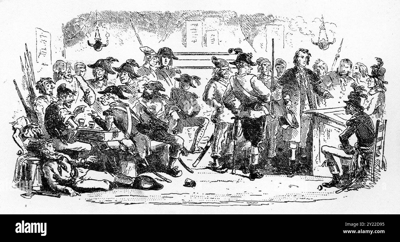 Engraving of a man on trial before the prison tribunal during the ...