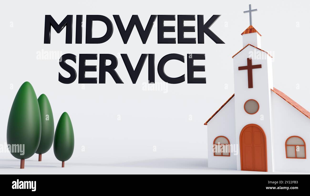 3d rendering of white church with a red roof and a cross on top and ...