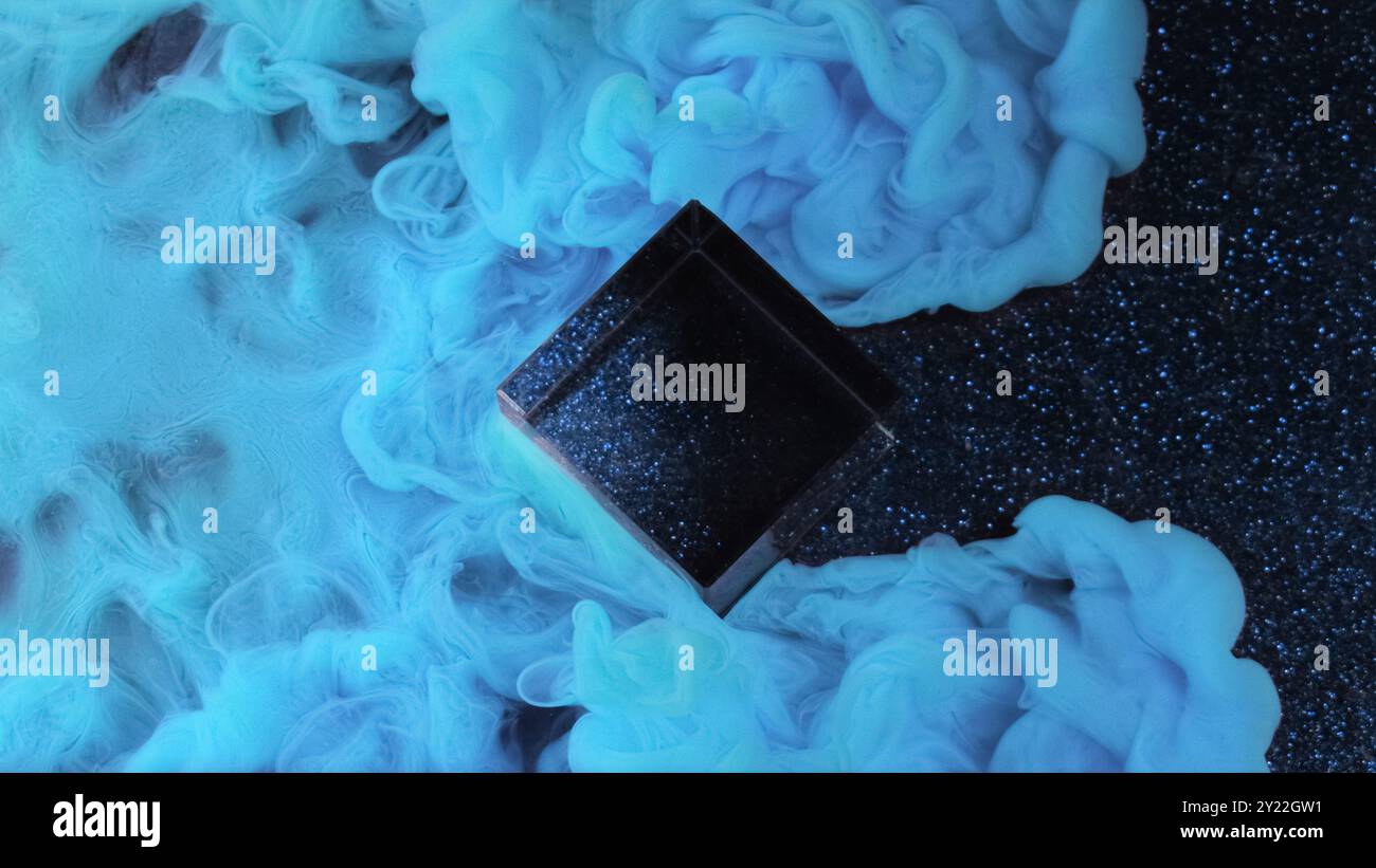 Magic fog. Ink flow. Abstract neon blue color mist cover black obsidian ...