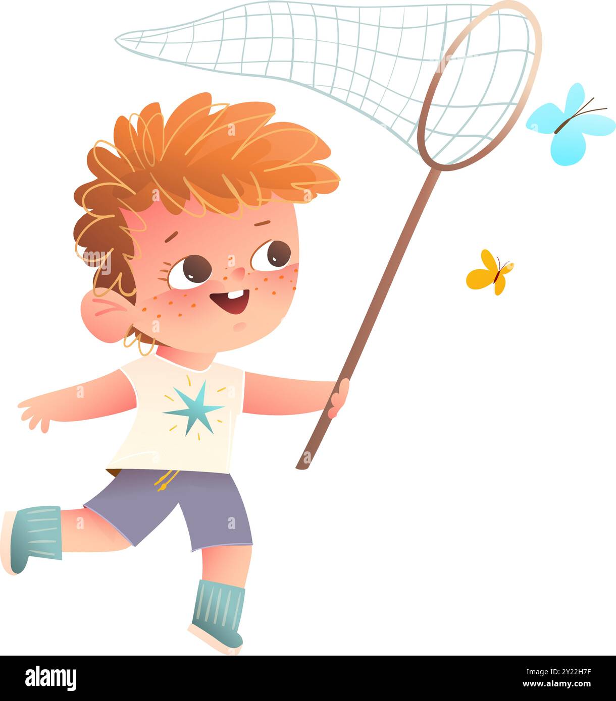 Boy Playing Running Catching Butterfly with Net Stock Vector Image ...