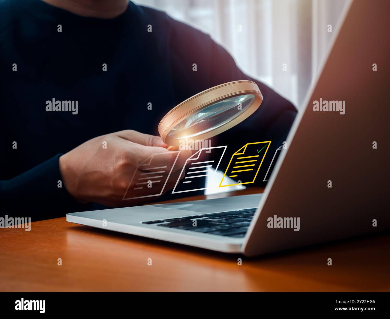 Electronic document check and data information searching online, files manager concept. Yellow ...