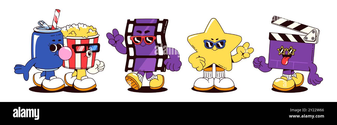 Cinema groovy cartoon characters. Comic retro vector set of movie ...