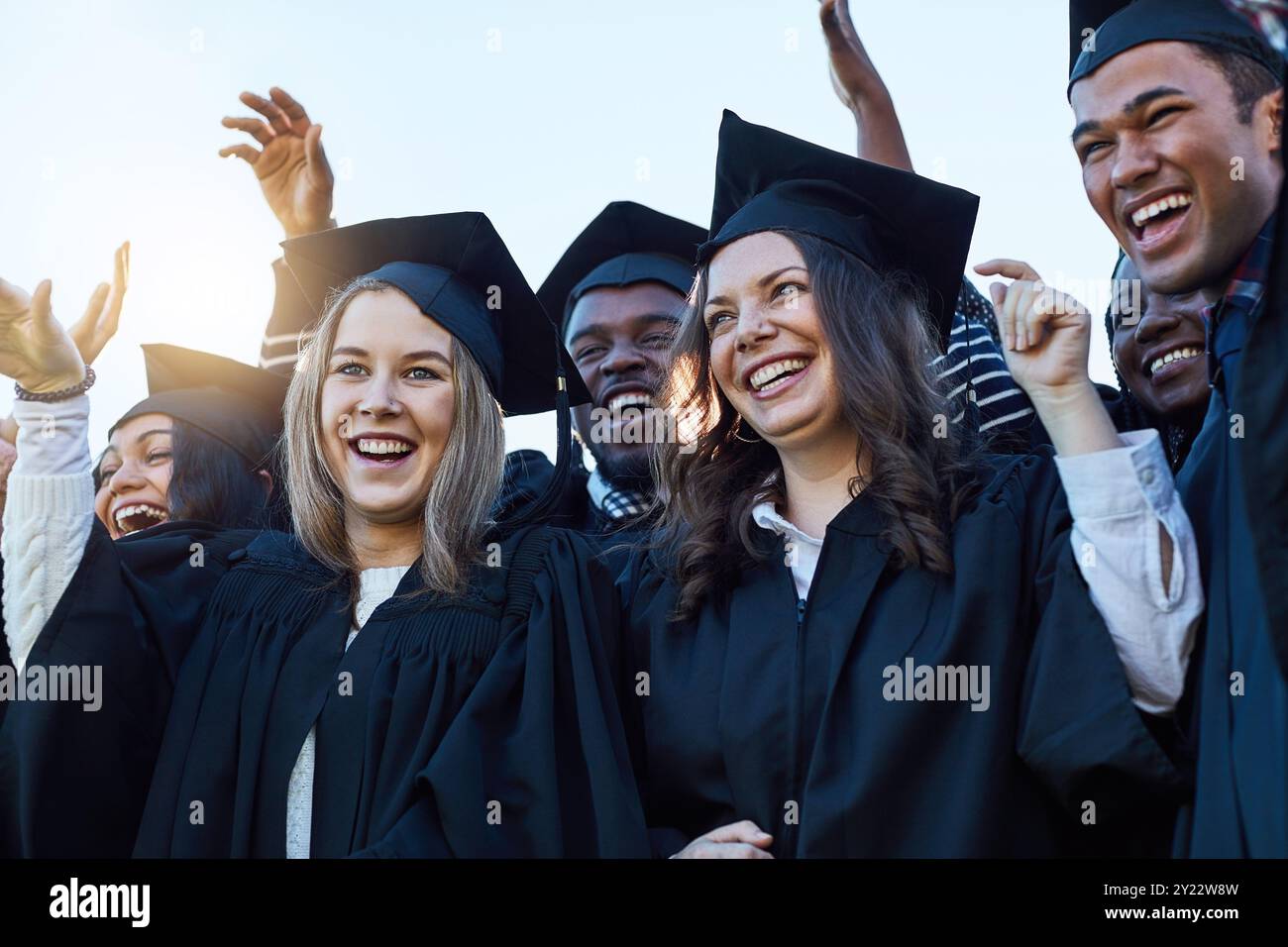 Celebration, university and group of students at graduation with award ...
