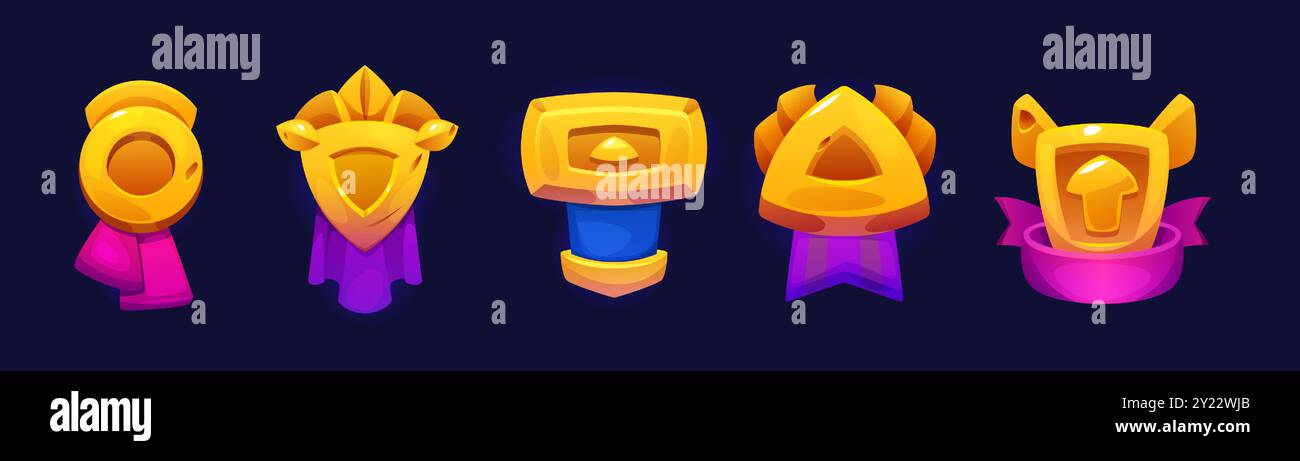 Gold achievement, level up and rank badge for game ui design. Cartoon ...