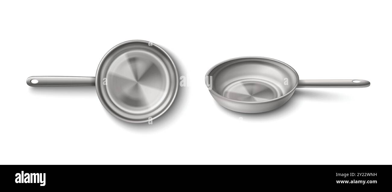 Grey clear new steel frying pan top and side view. Realistic 3d vector ...