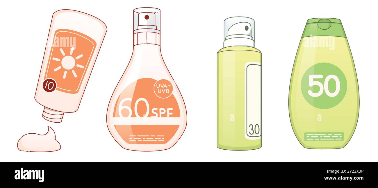 Sunscreen cream in bottle with cap and sprayer. Cartoon vector ...