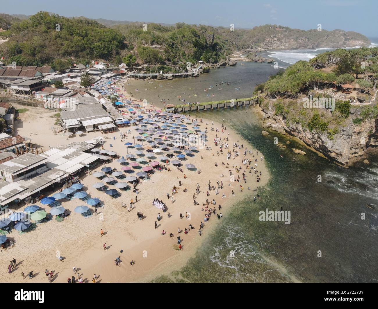 Aerial view of Drini Beach in Gunungkidul, Yogyakarta, Indonesia with ...