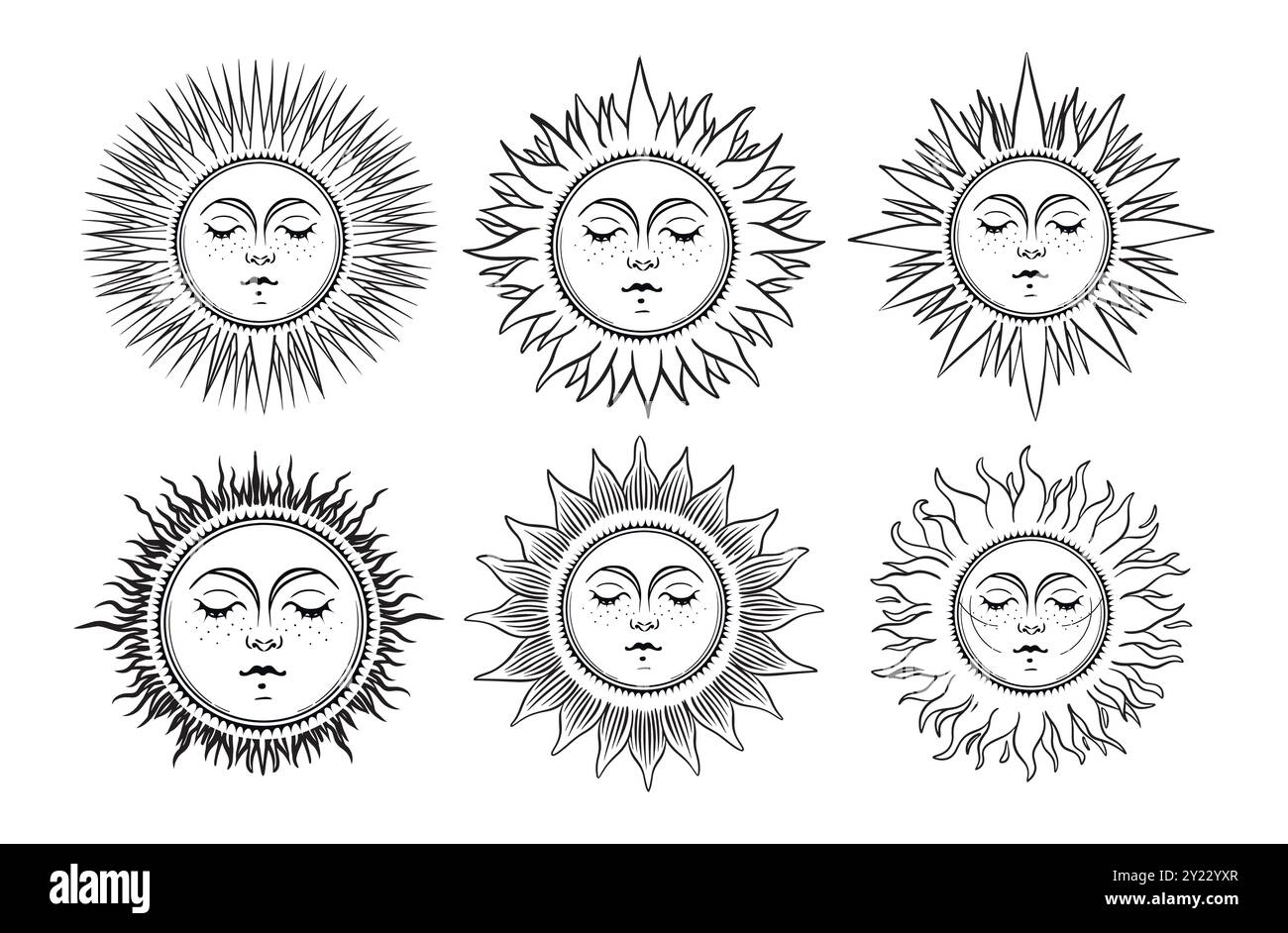 Mythical sun with face, mystical icons set, line illustration, zodiac ...