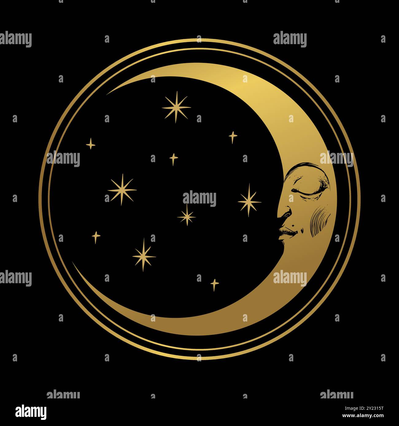 Golden crescent moon with face on black background, astrology and ...