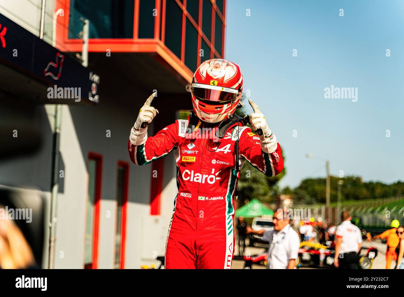 Prema Racing Team's Brazilian driver Camara Rafael celebrates the win ...