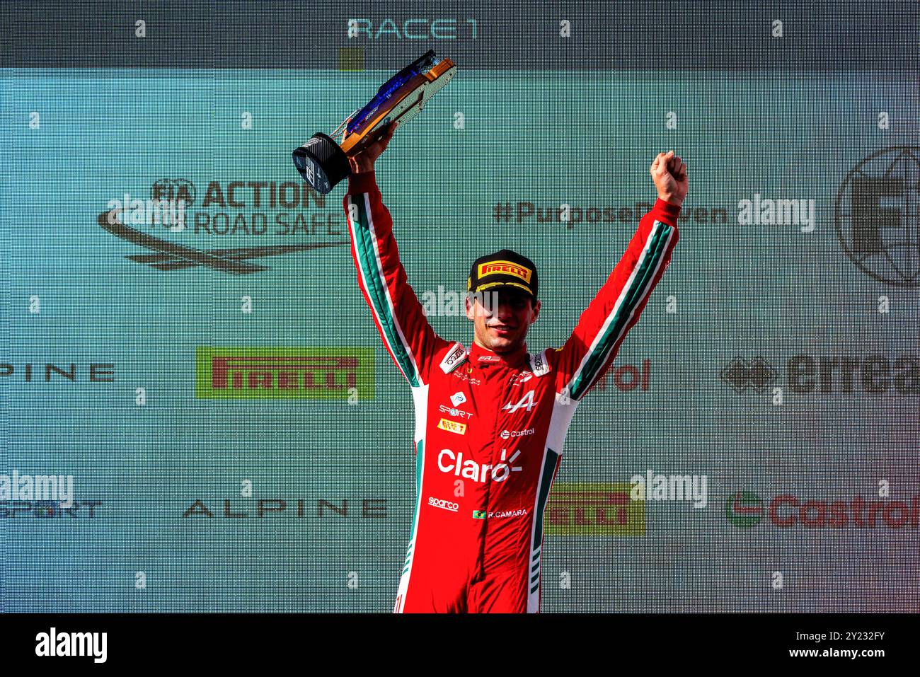 Prema Racing Team's Brazilian driver Camara Rafael celebrates the win ...