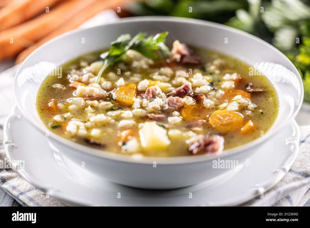 Soup made from barley groats, smoked pork neck, potatoes and root ...